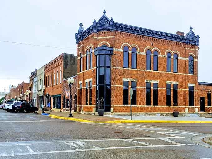 Ornate brickwork and decorative details crown this corner building&mdash;they sure knew how to make statements back then.