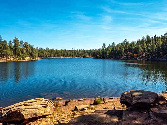 Crystal-clear mountain water reflects towering ponderosa pines in this high-elevation escape from the scorching valleys below.