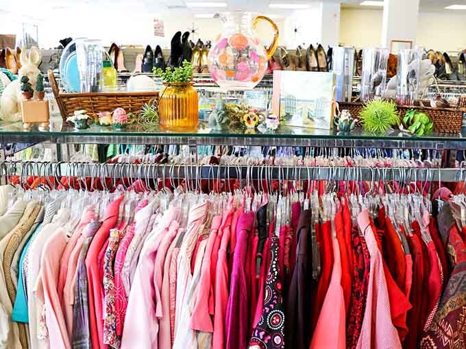 Color-coordinated clothing racks that would make Marie Kondo weep tears of organizational joy and satisfaction.
