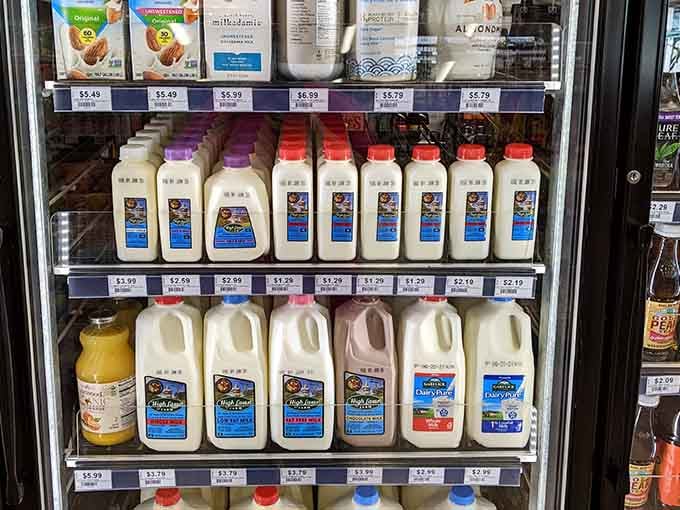 Fresh dairy from local farms lines the coolers, making your milk run actually worth the trip.