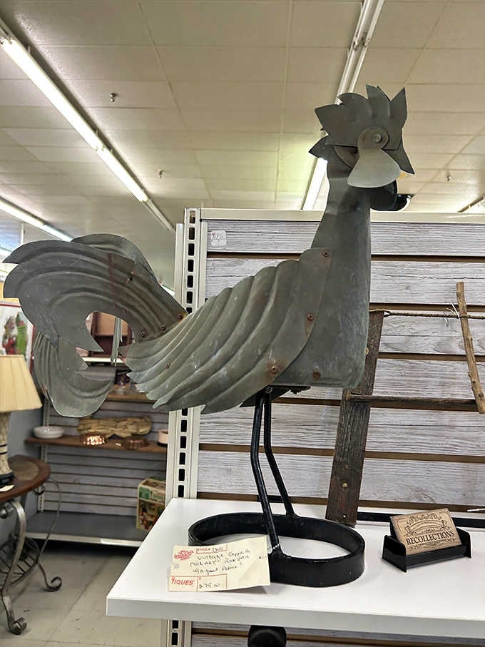 A metal rooster sculpture proves that sometimes the quirkiest finds become your favorite conversation starters at home.