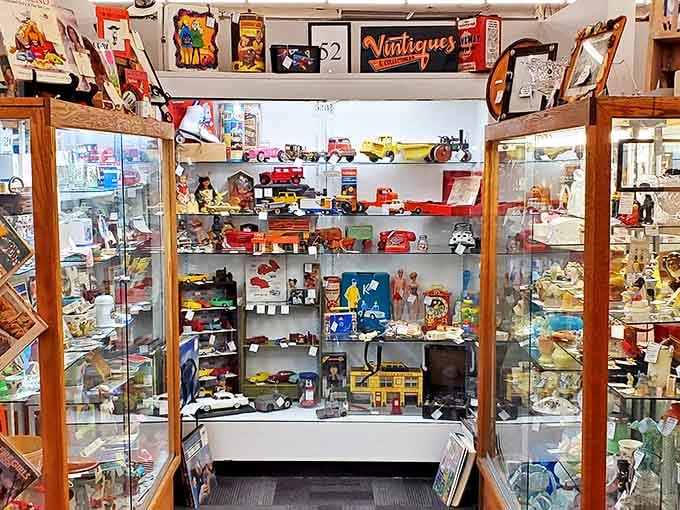 Vintage toys lined up like a miniature museum dedicated to childhood memories you forgot you had.