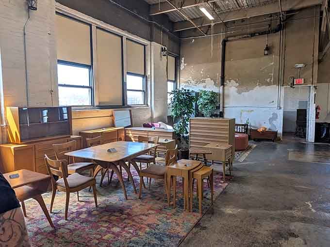 Mid-century furniture arranged like a showroom from 1965, minus the cigarette smoke and three-martini lunches.