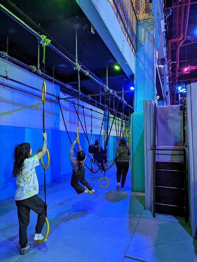 Hanging rings test your upper body strength while your dignity watches nervously from the sidelines.