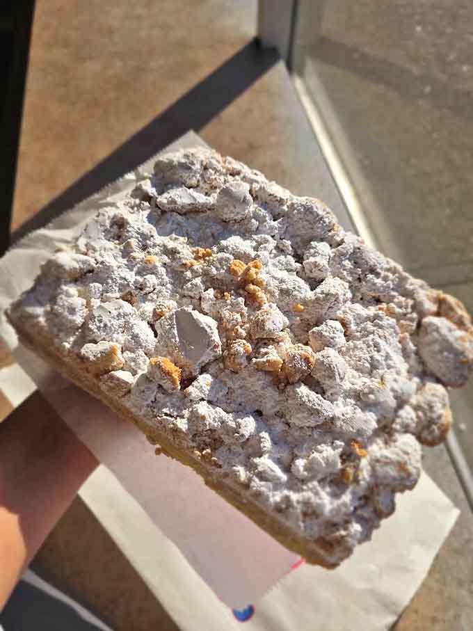 Coffee crumble dusted with powdered sugar like fresh snow on Mount Delicious, population: you and your happiness.