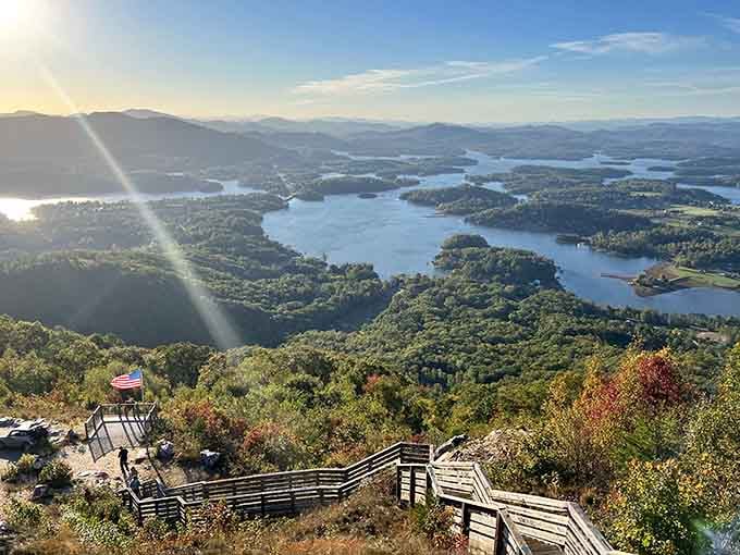 That American flag marks the summit like a beacon, reminding you this beauty is right in your backyard.