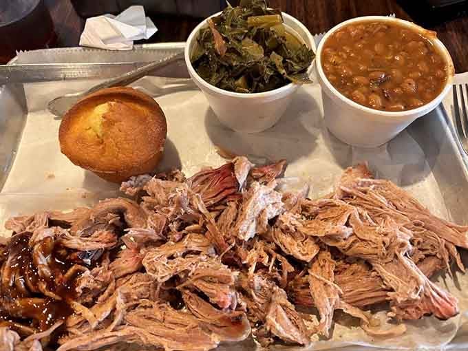Pulled pork piled high enough to feed a small army or one very determined barbecue enthusiast.