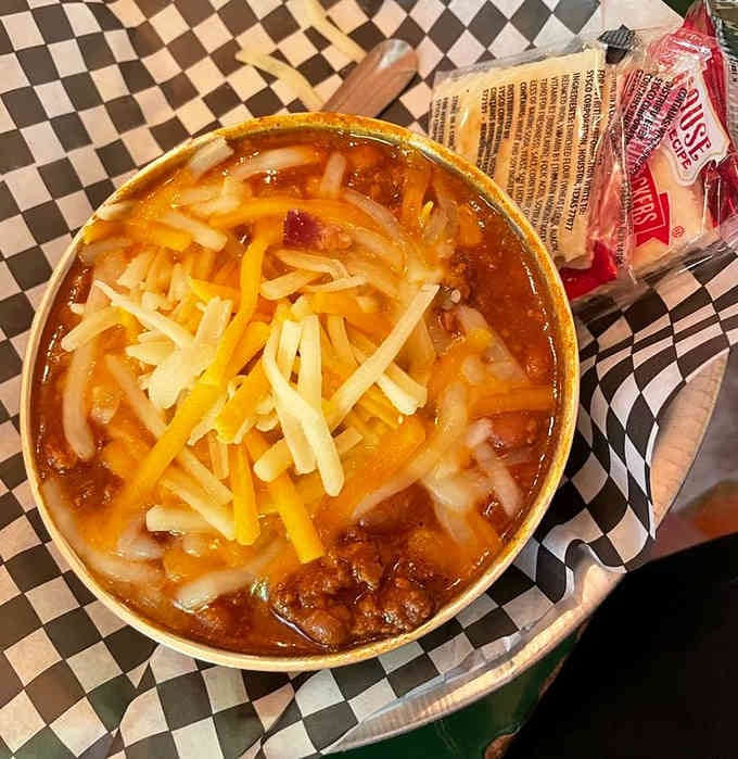 Chili topped with enough cheese to make Wisconsin proud; comfort food that warms you from the inside out.