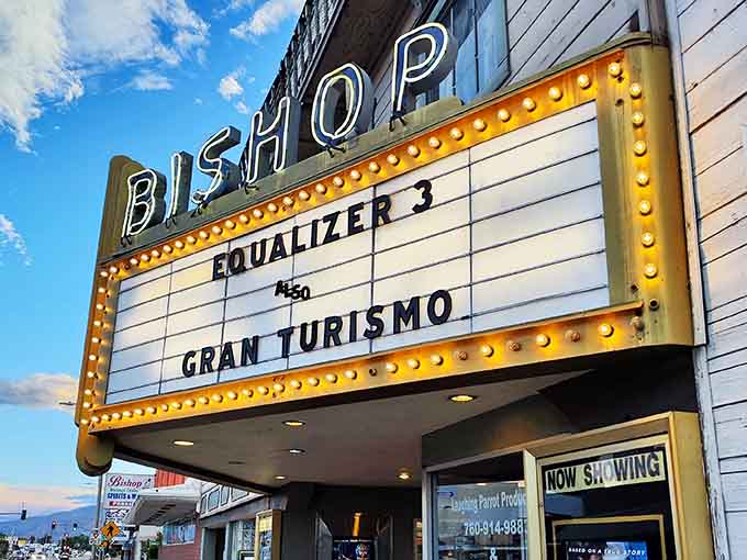 The Bishop Twin Theatre keeps classic movie-going alive with marquee lights that actually mean something to the community.
