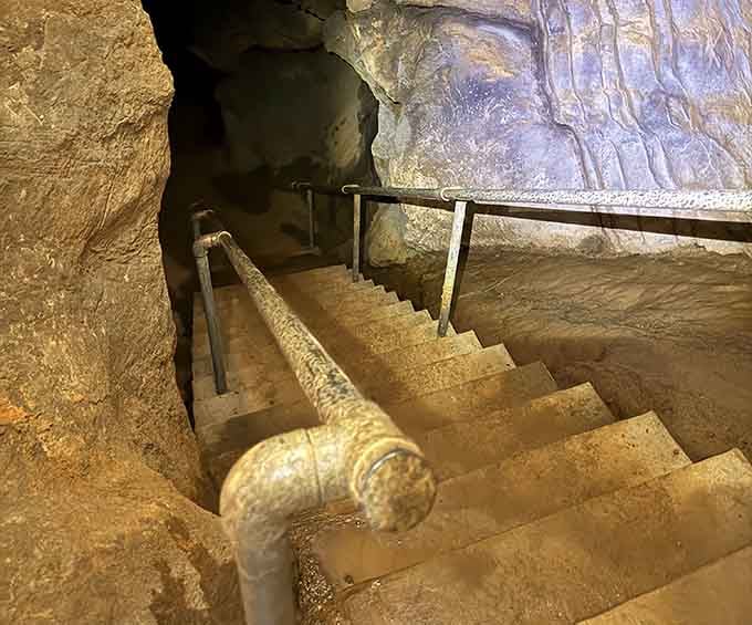 Concrete steps with metal railings guide you deeper, proving that modern safety and natural beauty can coexist quite harmoniously underground.