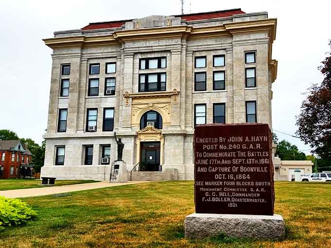 Classical architecture meets Civil War history at this impressive courthouse, where the past literally stands guard over present.
