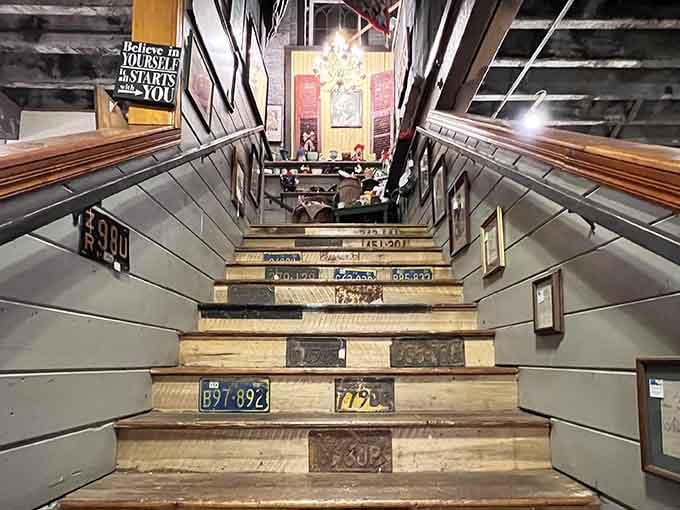 Those stairs decorated with vintage license plates lead to more discoveries. It's like climbing through Pennsylvania's automotive history.