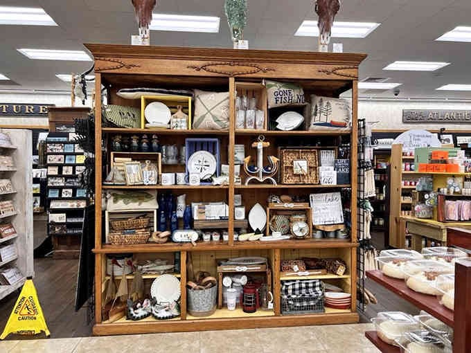 Rustic shelving showcases home goods that somehow make perfect sense next to the beef jerky and motor oil.