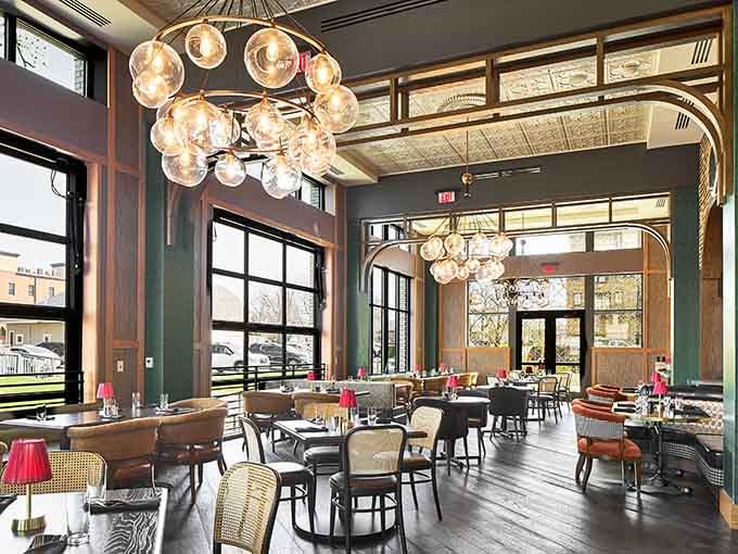 Elegant interiors with statement lighting prove that fine dining doesn't require stuffiness, just good taste and great food on the plate.