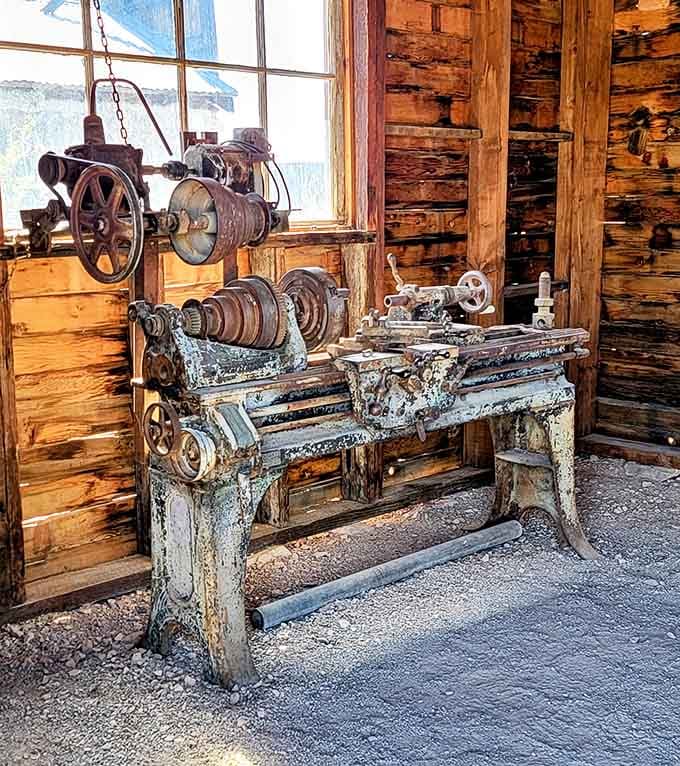 Antique metalworking lathes like this crafted the tools that extracted fortunes from stubborn rock, precision meeting perseverance perfectly.