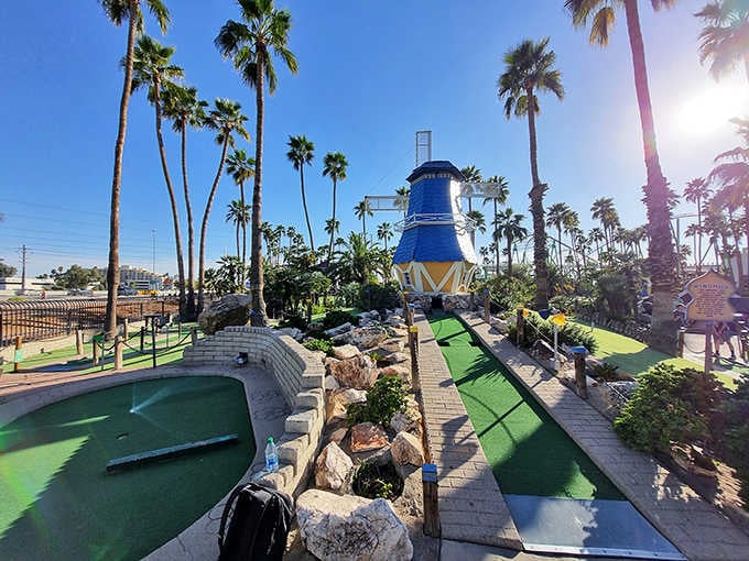 Mini golf courses wind past lighthouses and obstacles, turning every putt into an adventure worth taking seriously.