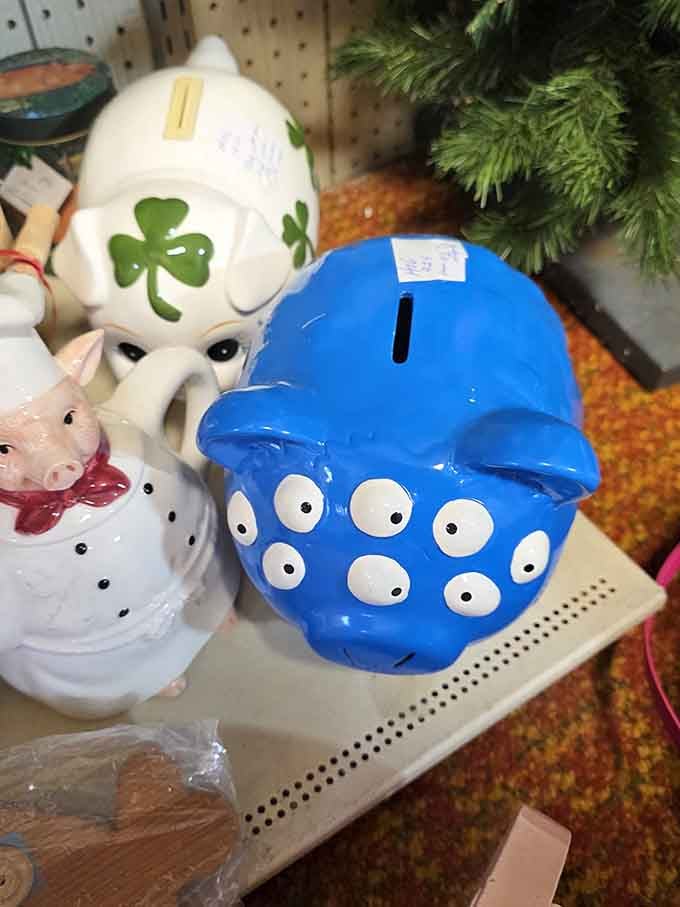That blue piggy bank with all those eyes is either adorable or mildly terrifying, depending on your childhood.