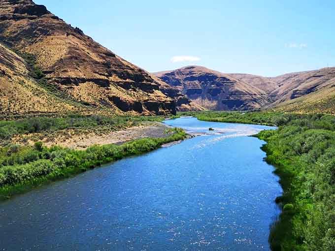 The John Day River carves through the landscape, creating an oasis of green in the golden desert.