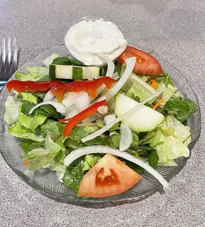 Fresh, crisp vegetables piled high remind you that diners know how to do salads right too.