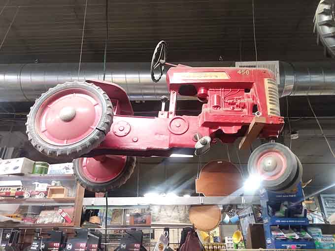 That vintage tractor hanging from the ceiling proves country stores understand decor better than most interior designers ever will.
