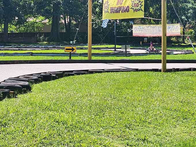 Those tire barriers aren't just decoration; they're gentle reminders that physics still applies, even during family fun time.