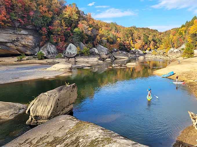 Autumn paddleboarding among these ancient boulders beats any gym membership, plus the scenery doesn't charge monthly fees.