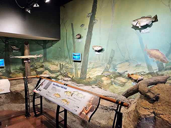 An underwater world comes alive through displays showing exactly what's swimming beneath those boat wakes outside.