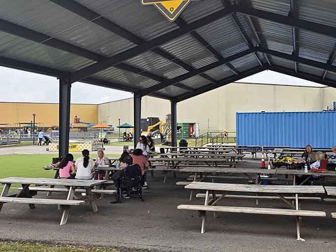 The covered pavilion area provides shade for parties and gatherings, because operating excavators works up quite an appetite.