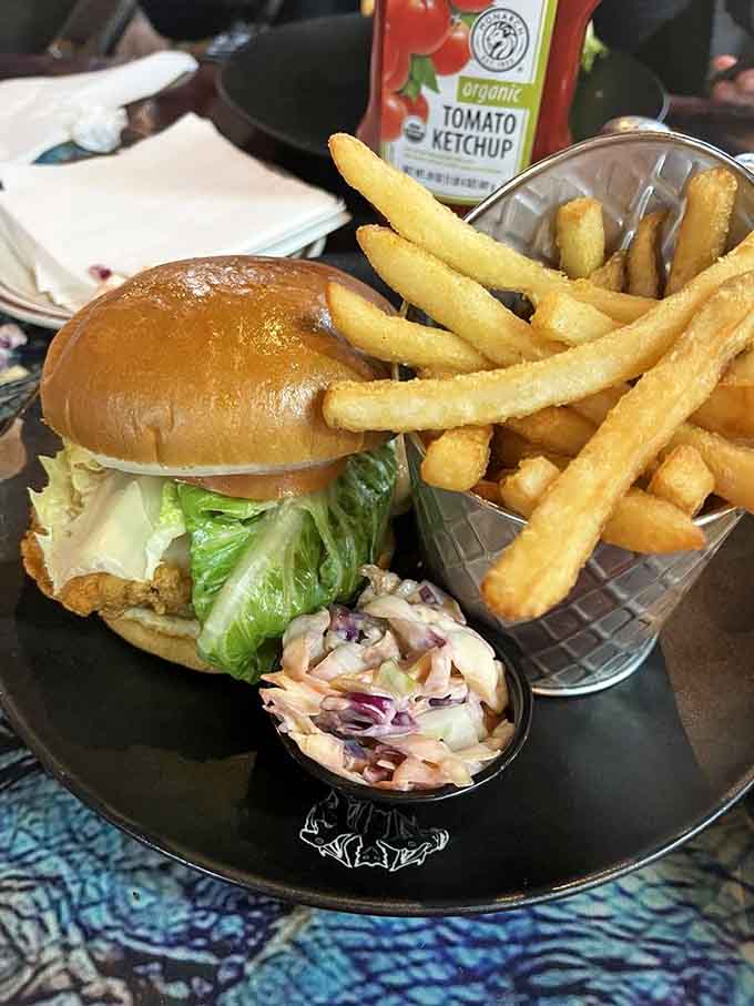 This chicken sandwich comes with fries and coleslaw, proving comfort food transcends all geological time periods completely.