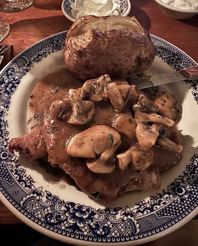 Veal Madeira with mushrooms proves that some recipes improve with age, much like this building itself.