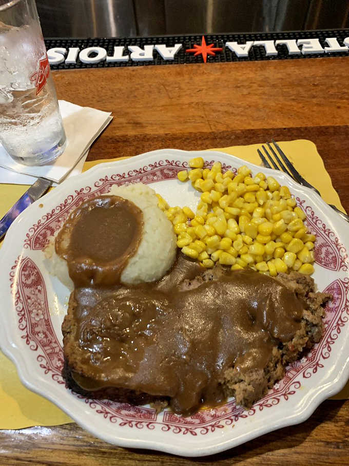 Meatloaf with gravy, mashed potatoes, and corn proves that some classics never go out of style.