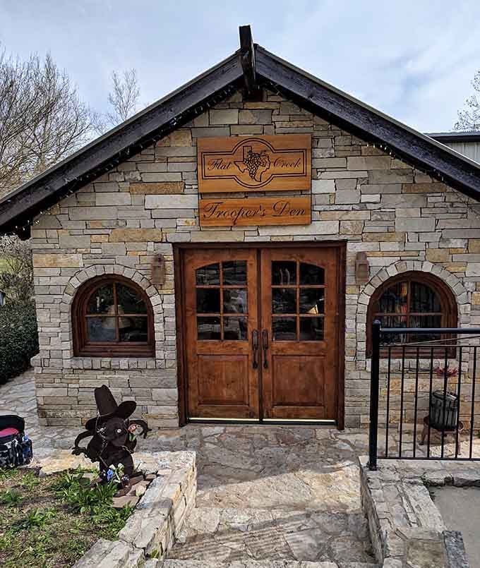 Trooper's Den welcomes you with rustic charm and the promise of exceptional wines waiting inside.