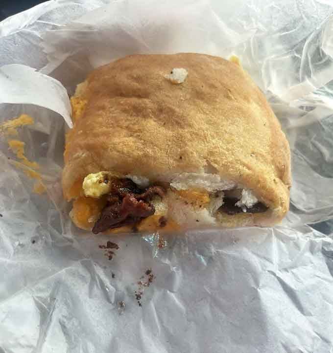 Bacon, egg, and cheese on a homemade biscuit: the holy trinity of breakfast sandwiches, executed to perfection.