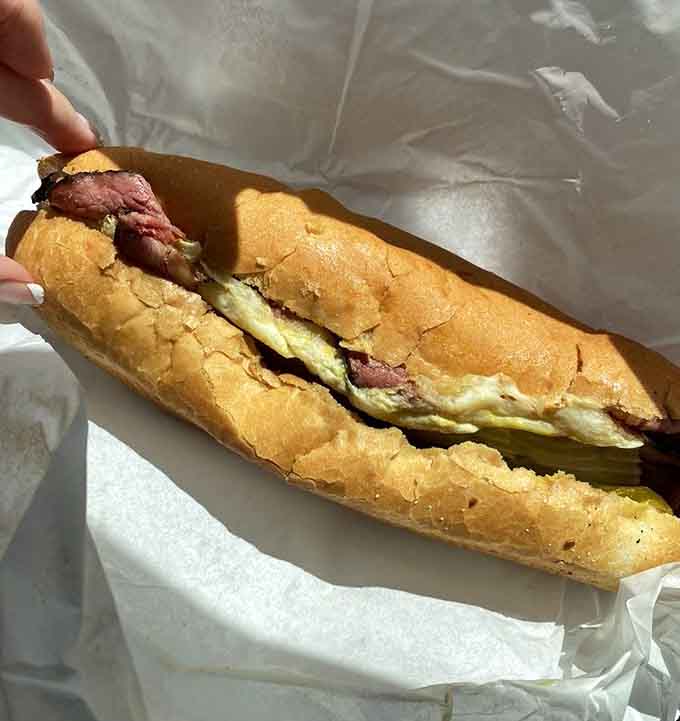 Hot pastrami on a roll that requires two hands and zero regrets, this is serious sandwich territory, folks.