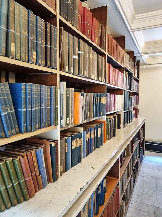 Rainbow of aged bindings creates a visual feast, blues and reds and greens aging gracefully on wooden shelves.