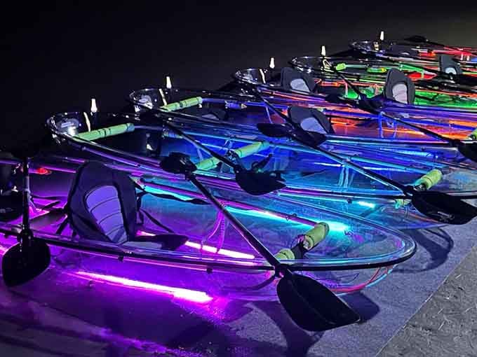 Clear kayaks meet LED lights, creating what can only be described as pure waterborne magic on display.