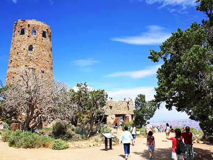 The Desert View Watchtower rises majestically, offering panoramic views that'll make your camera work overtime with joy.