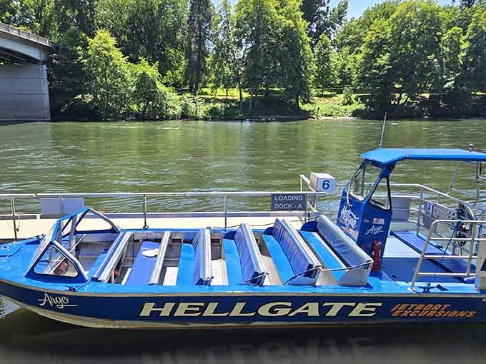The Hellgate Jetboat sits docked and ready, looking like it has a few canyon secrets it's eager to share.