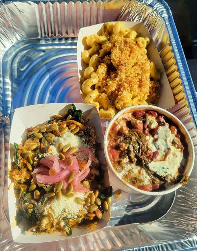 Mac and cheese with a golden crust meets Texas slaw: comfort food meets refreshing crunch in perfect harmony.