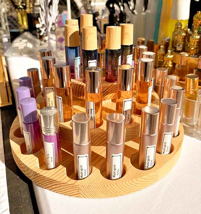Fragrance oils displayed like a perfume counter, offering scents without the department store markup or snooty salespeople.