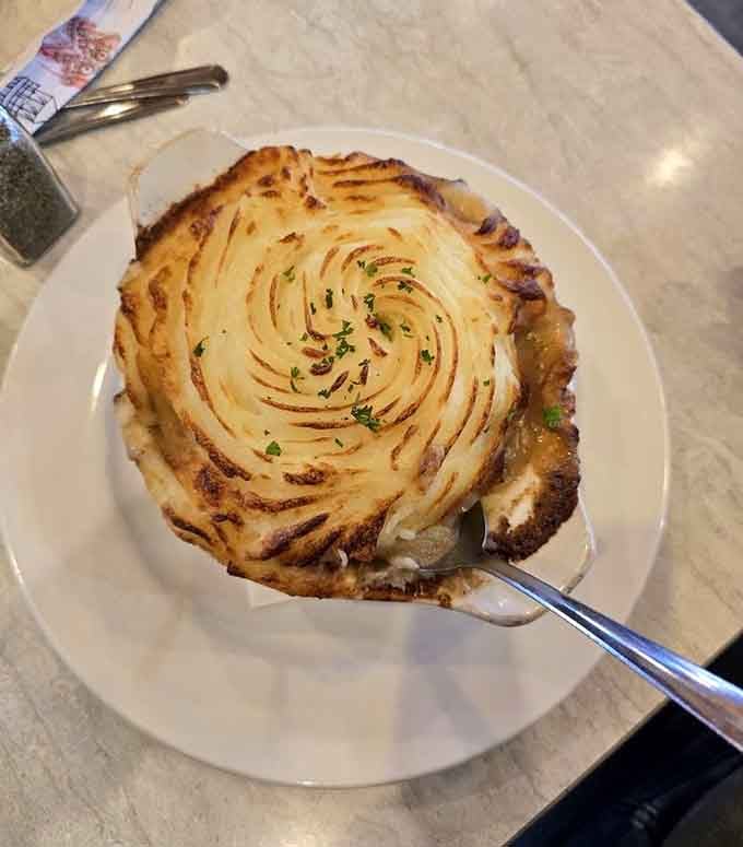 Shepherd's pie with a golden crown of mashed potatoes that could make a grown person weep with joy.