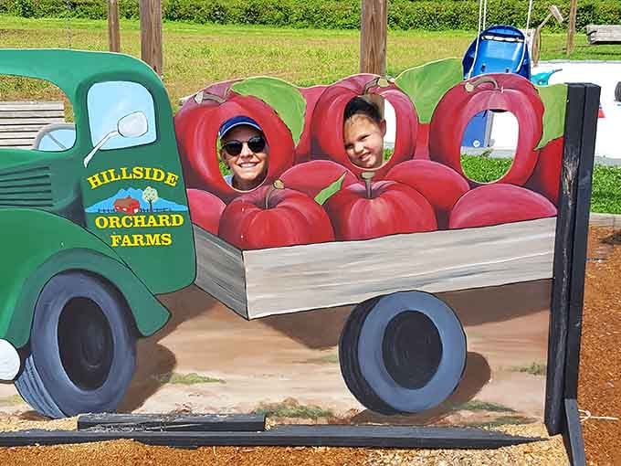 Strike a pose in this apple-themed photo cutout, perfect for proving you actually left the house today.