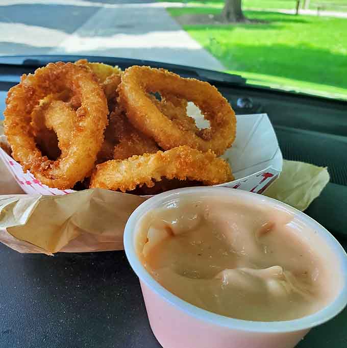 Golden onion rings with a side of what appears to be ranch dressing, because some combinations are simply non-negotiable.