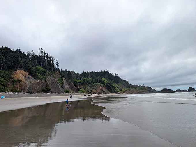 The moody Oregon coast shows its contemplative side here, where mirror-smooth sand reflects dramatic skies like nature's own canvas.