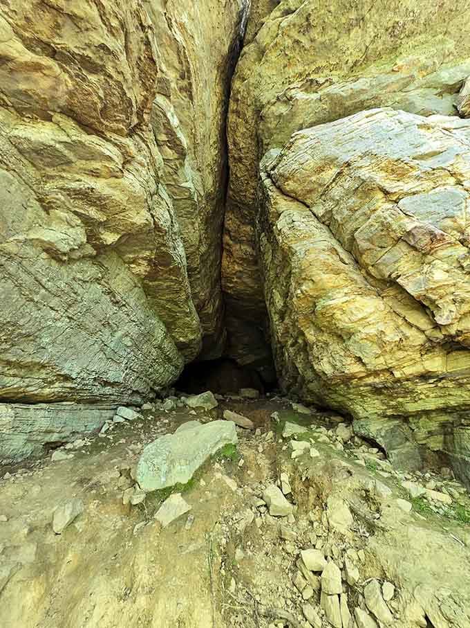 Ancient sandstone splits open like a secret passage, revealing geological drama millions of years in the making.