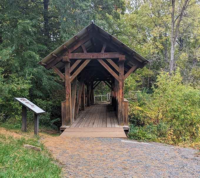This covered bridge offers shade and charm, proving functional can also be downright photogenic every time.