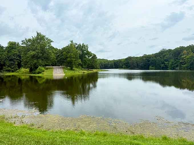 The lake's mirror-like surface reflects the sky so perfectly, you might forget which way is up.