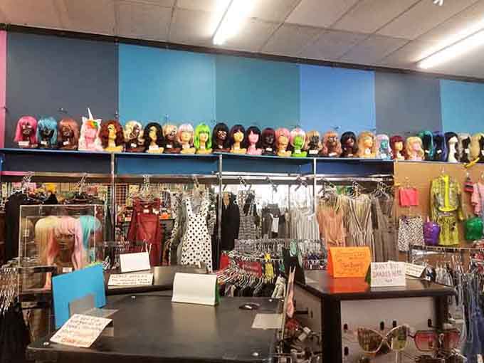 The wig display rivals anything you'd see backstage at a Dolly Parton concert, minus the tour bus and rhinestones.