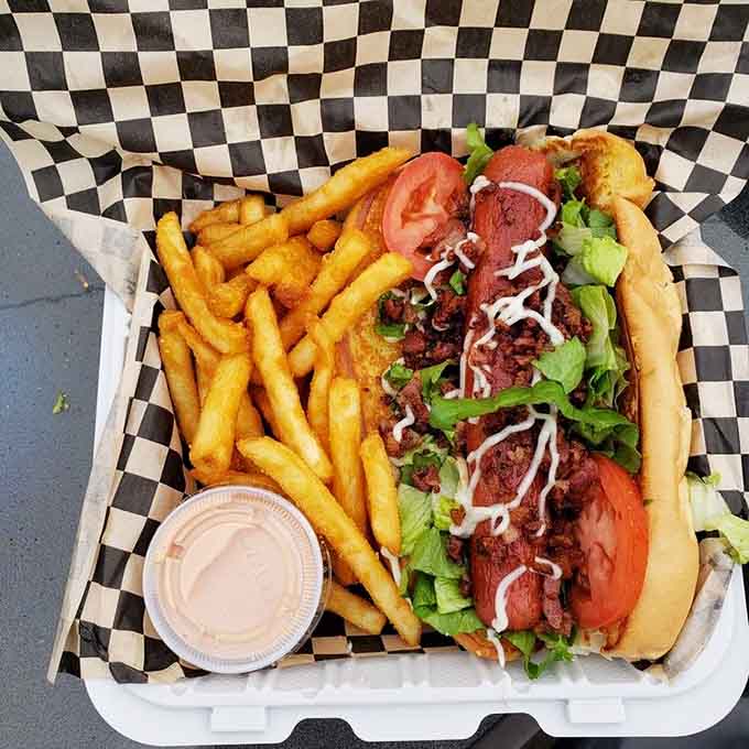 The Lancaster Dog proves that sometimes the best meals require both hands and zero shame about it.