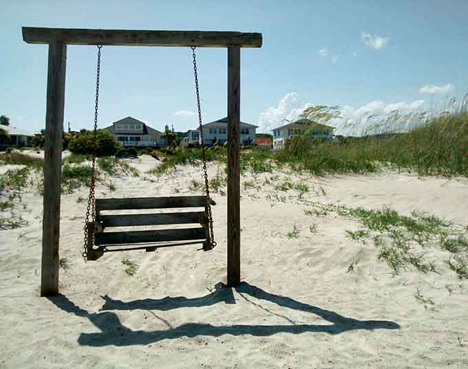 A swing facing the dunes, because sometimes the best entertainment is just watching the world be beautiful.